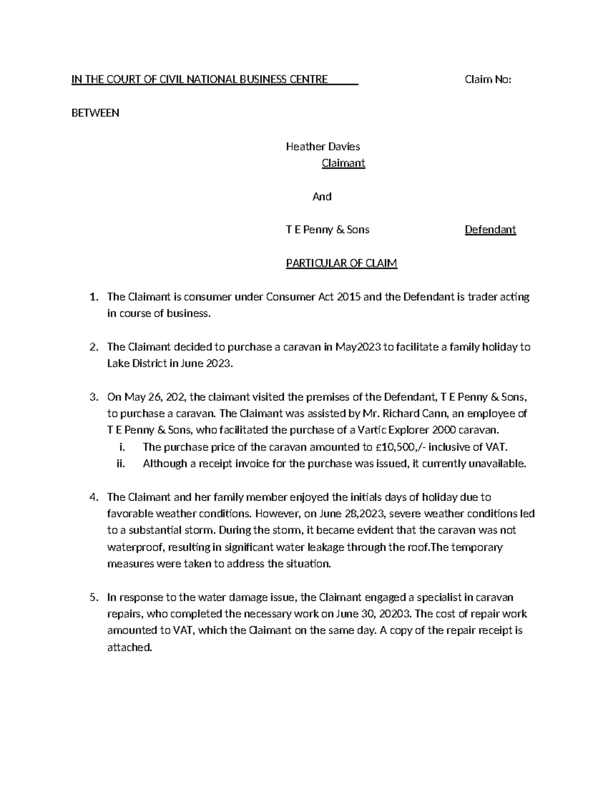 Particulars OF Claim Final - IN THE COURT OF CIVIL NATIONAL BUSINESS ...