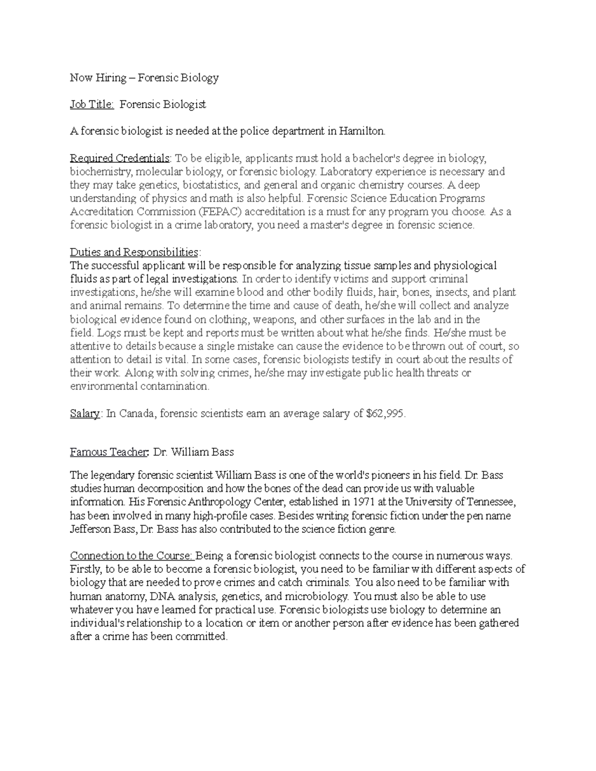 Now hiring essay about a preferred occupation related to the course ...