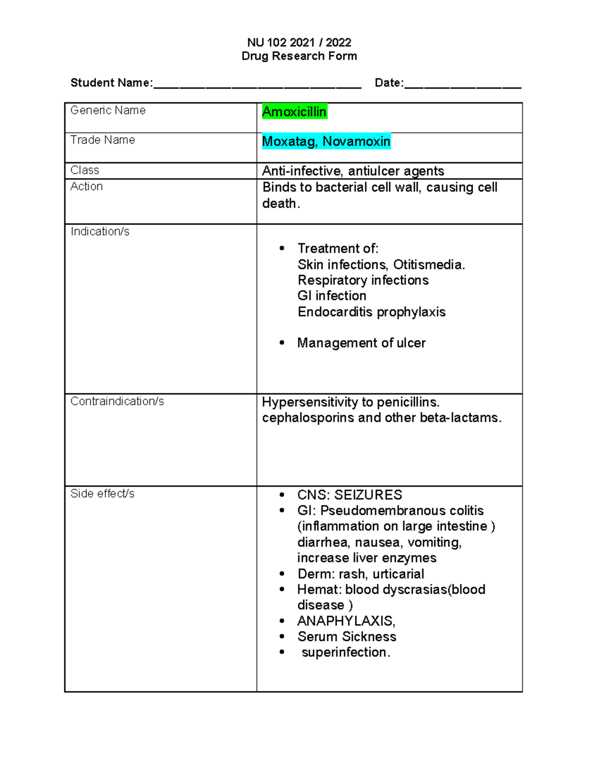 Drug Research Form (14) - nursing - Studocu