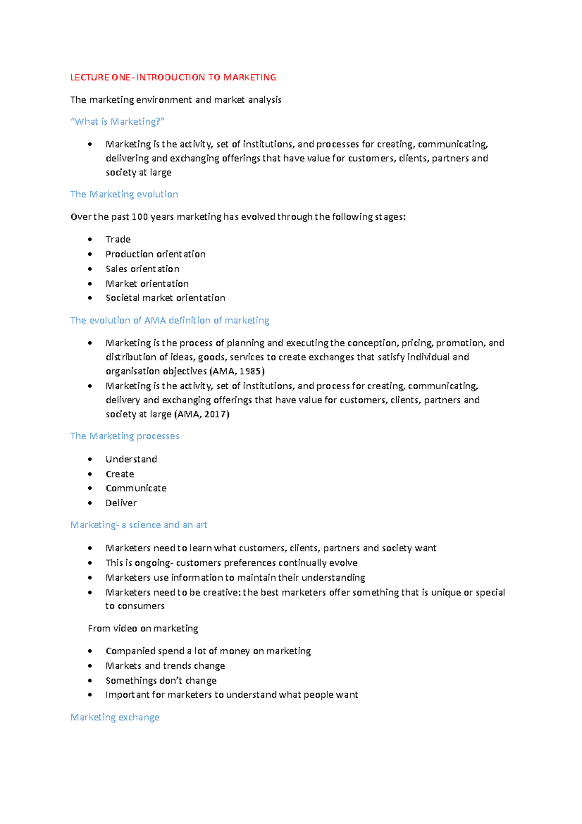Marketing Foundations Notes - LECTURE ONE- INTRODUCTION TO MARKETING ...