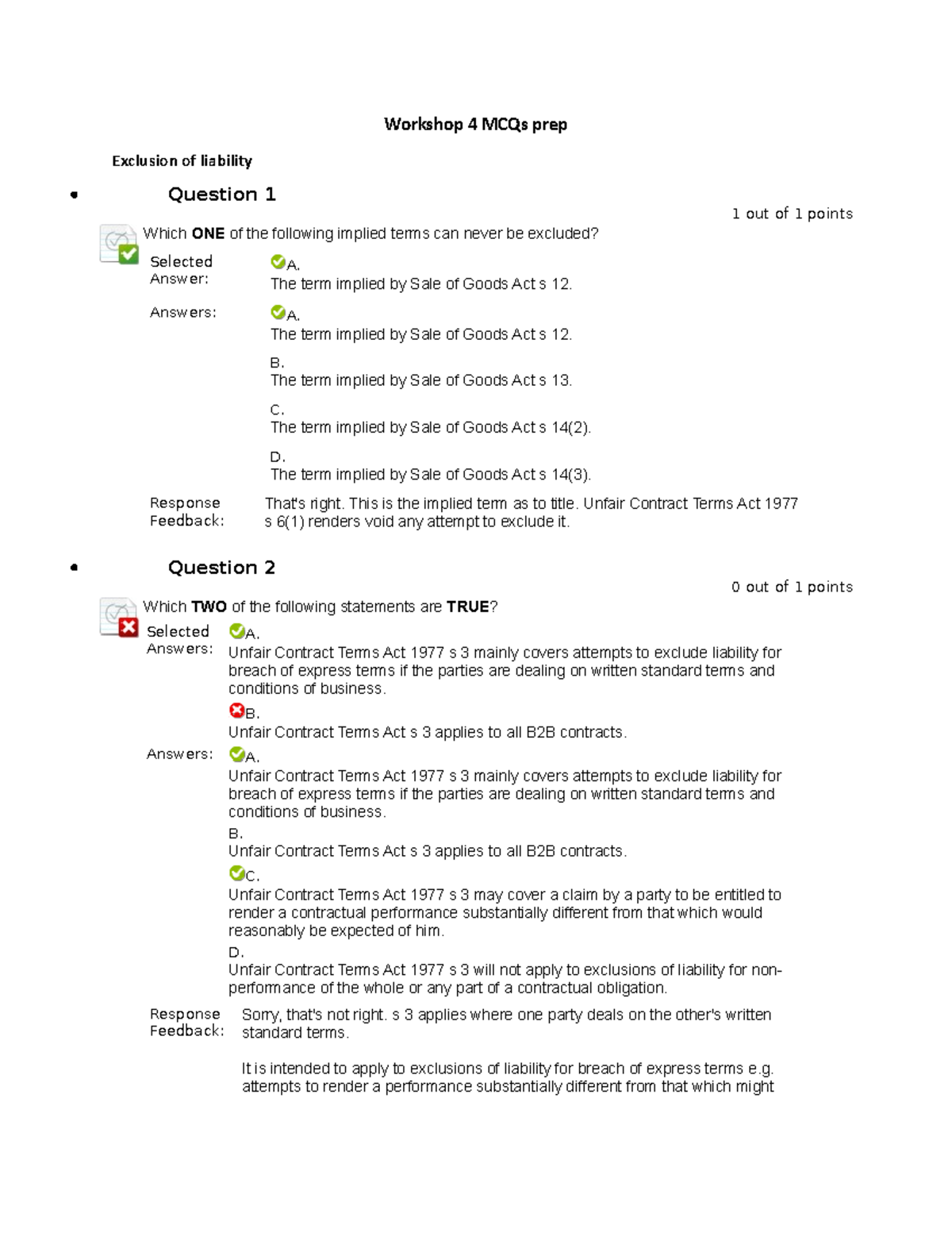 MCQs prep - Commercial Law and Practice, Workshop 4, Exclusion Clauses ...