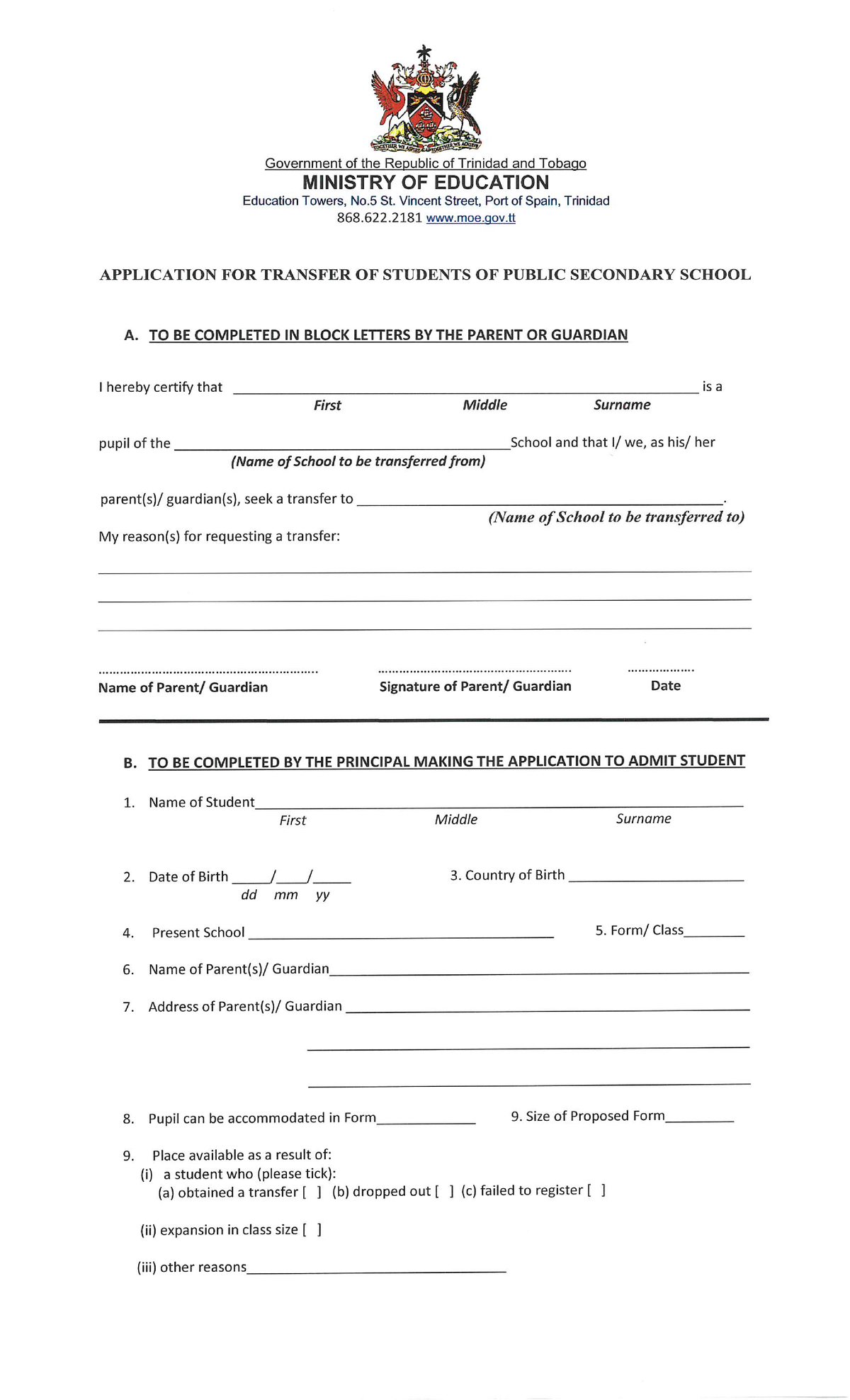 Application for transfer of students of public secondary school ...