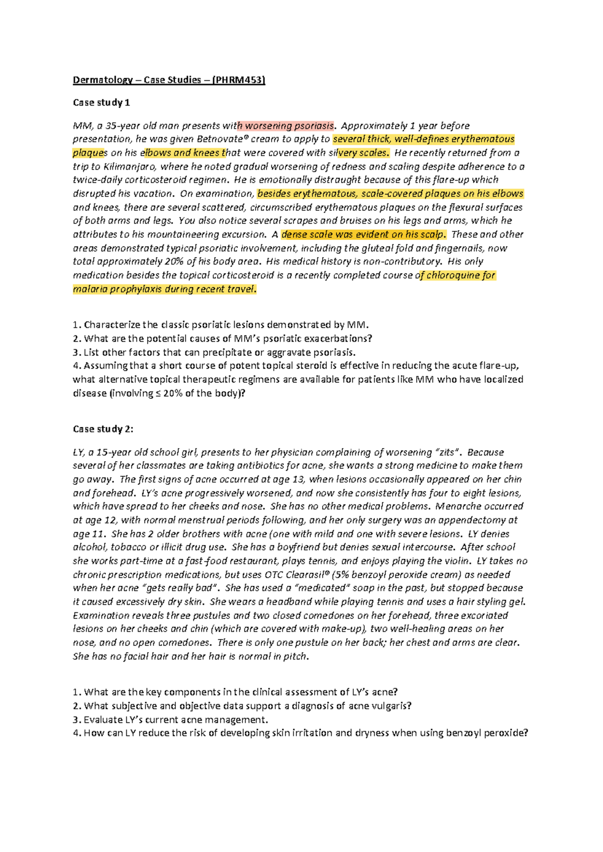 Dermatology case studies - Dermatology – Case Studies – (PHRM453) Case ...