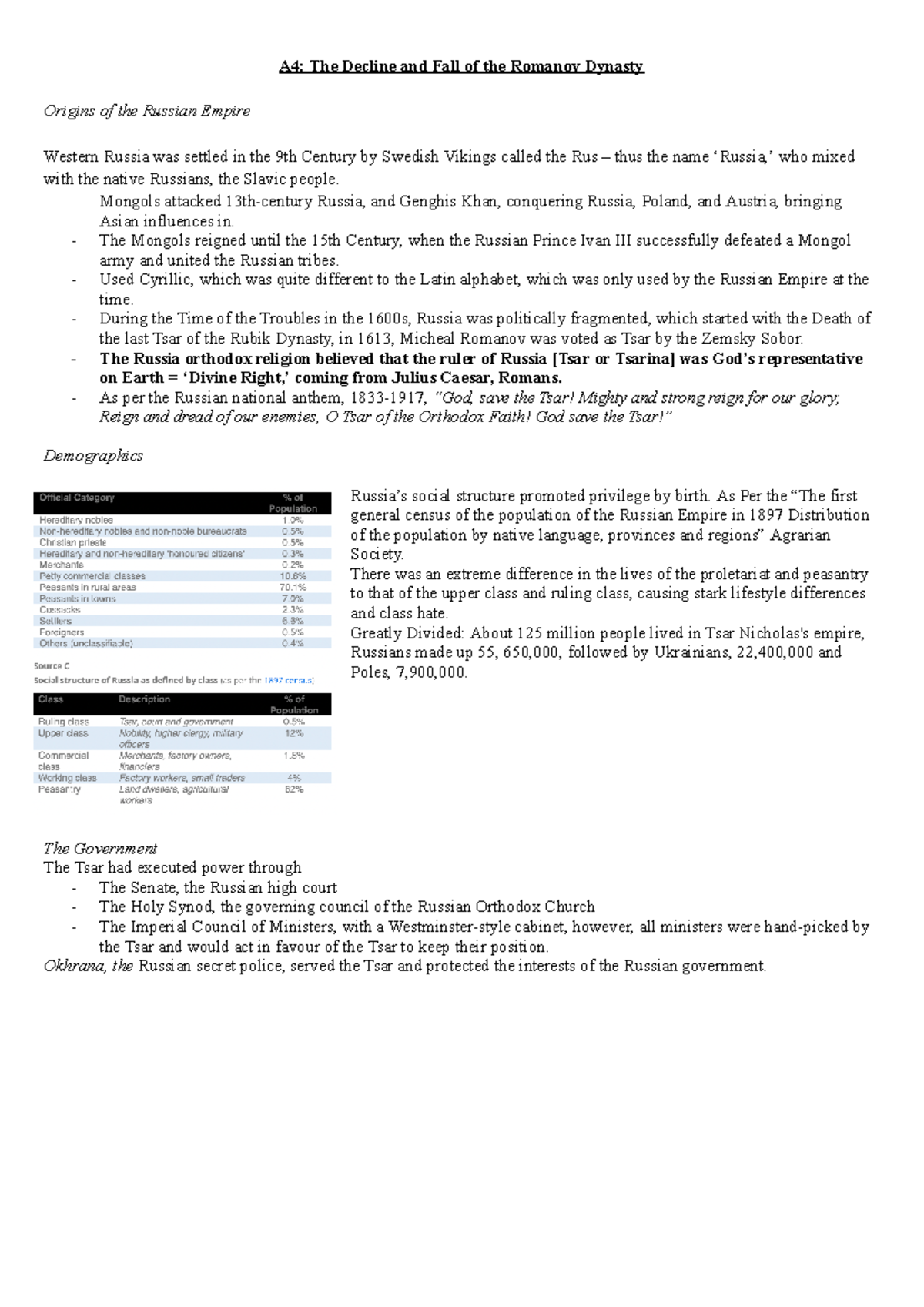 Romanovs - Modern History Syllabus Notes - Google Docs - A4: The ...