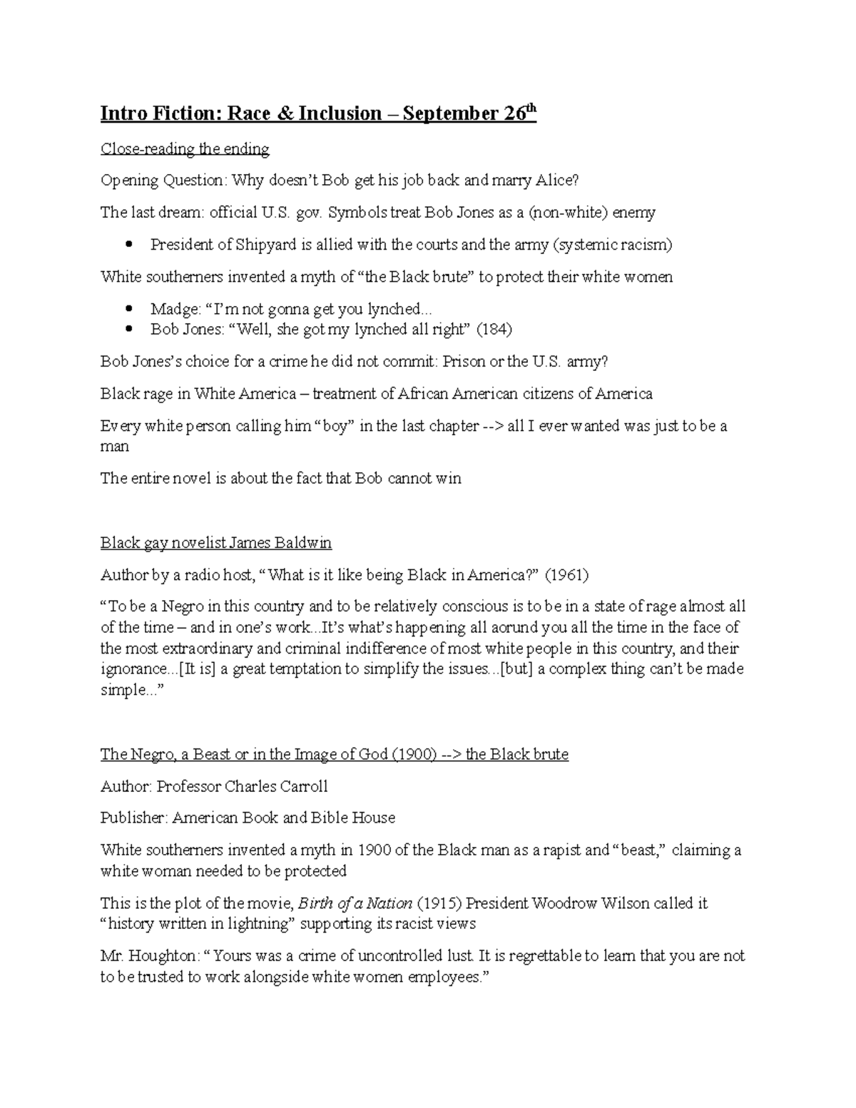 Intro Fiction Week 6 Notes - Intro Fiction: Race & Inclusion ...