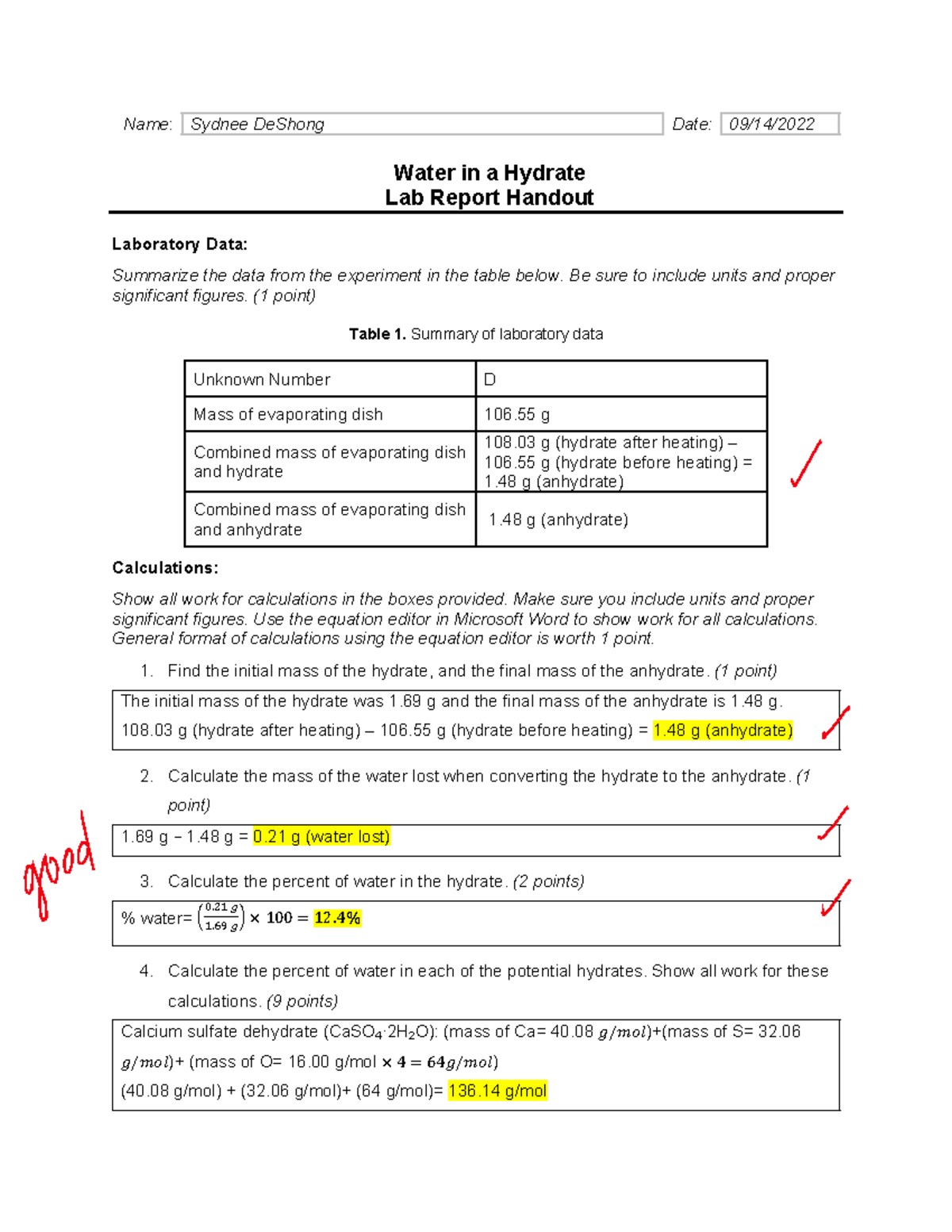 Annotated-hydrate%20lab - Name: Sydnee DeShong Date: 09/14/ Water in a Hydrate Lab Report ...