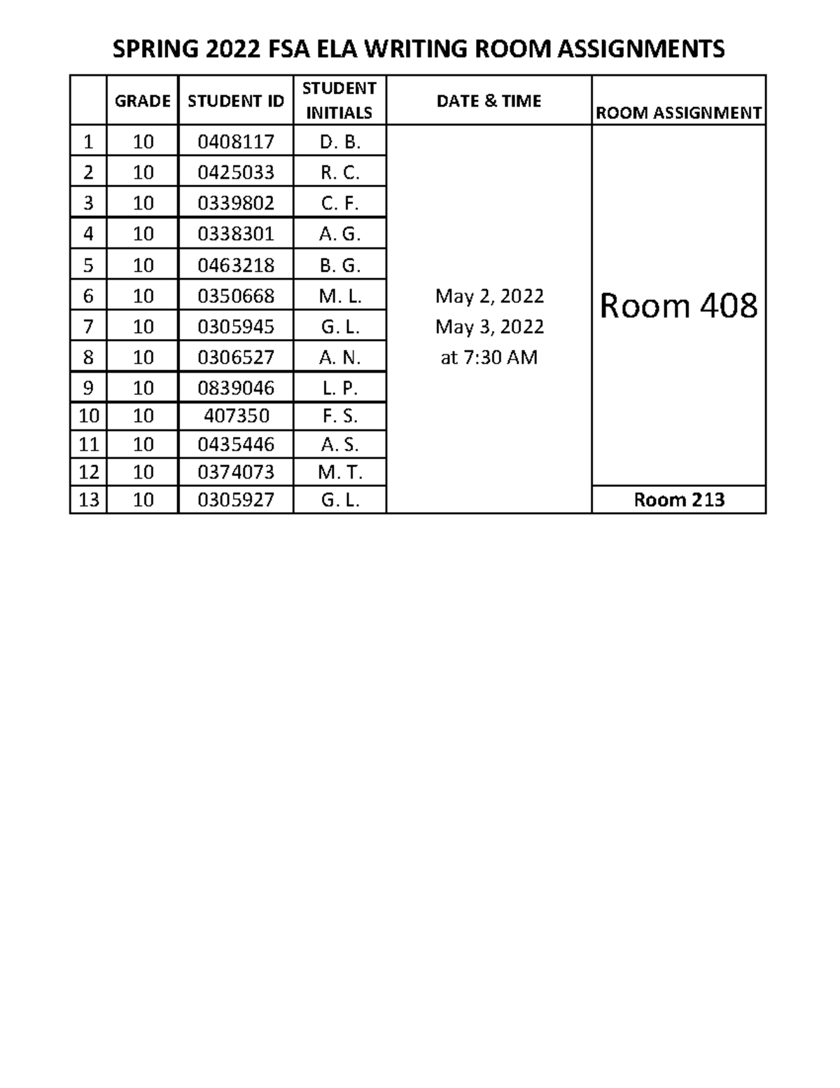 Spring FSA ELA Reading Student Posts Grade 10 - GRADE STUDENT ID ...