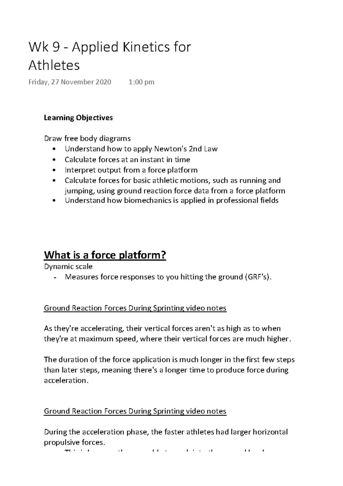 Wk 9 - Applied Kinetics for Athletes - Learning Objectives Draw free ...