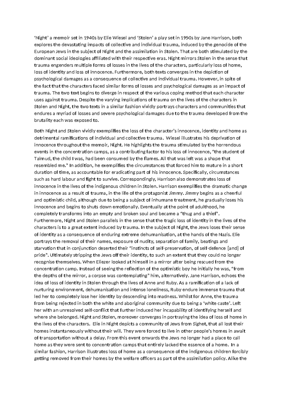 Comparitive essay - ‘Night’ a memoir set in 1940s by Elie Wiesel and ...
