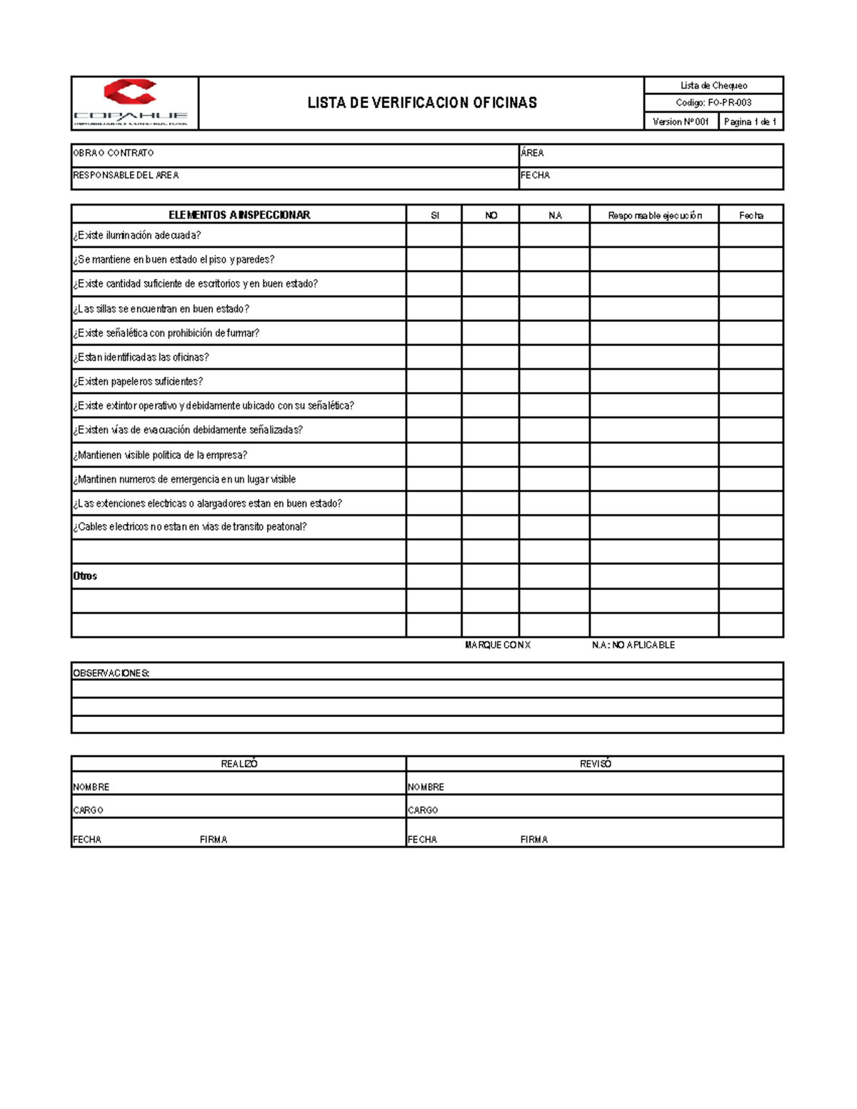 FO-PR-003.- Oficinas - Version Nº 001 Pagina 1 de 1 SI NO N Fecha ...