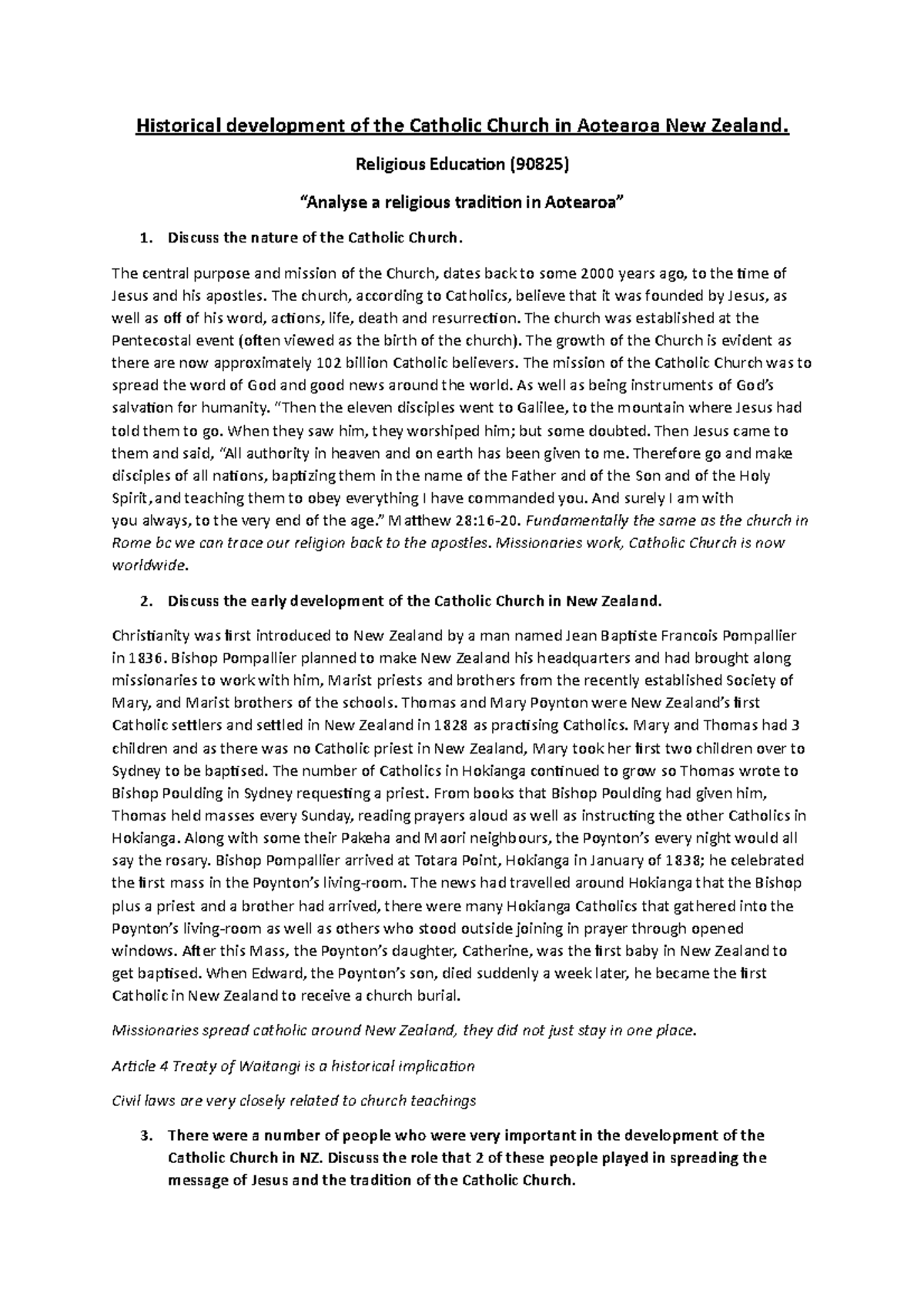 RE Historical development of the Catholic Church in Aotearoa New ...