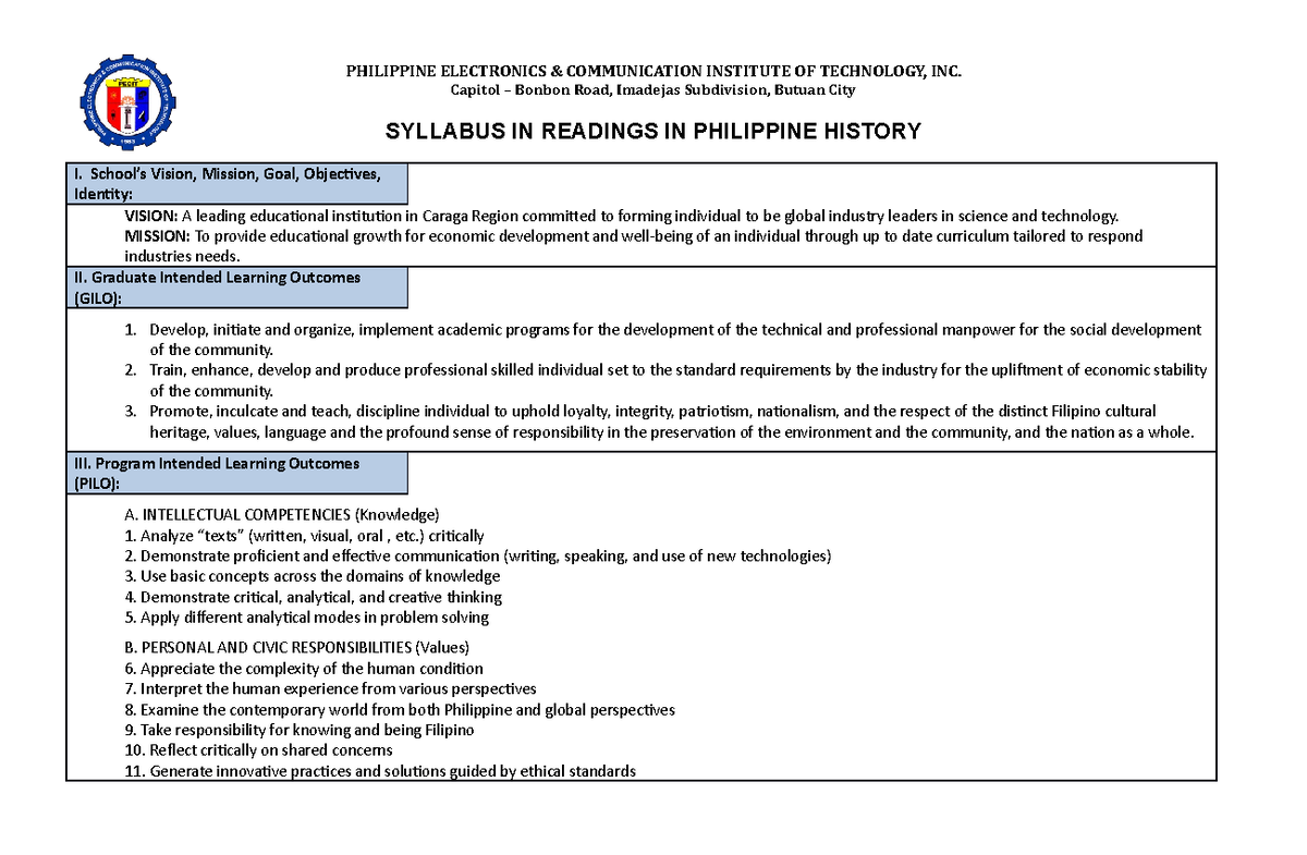 GE 2 Readings in Phil. History - PHILIPPINE ELECTRONICS & COMMUNICATION INSTITUTE OF TECHNOLOGY ...