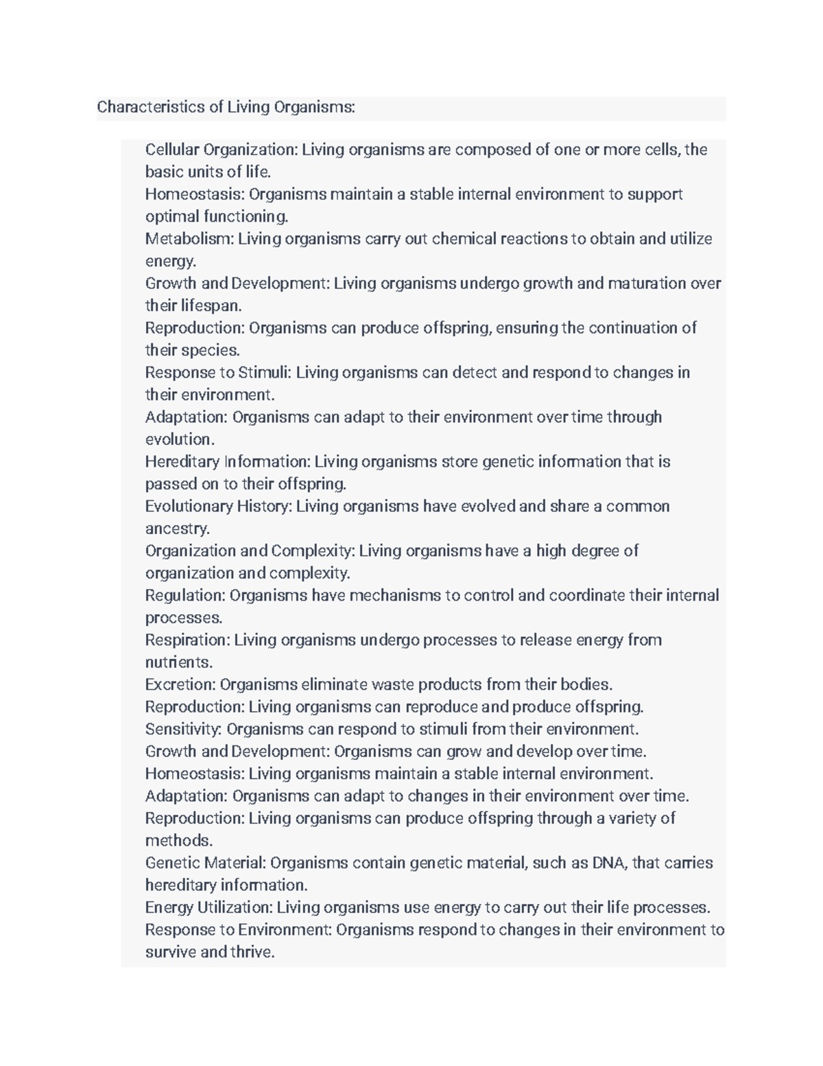 Characteristics of living organisms - BISC207 - UD - Studocu