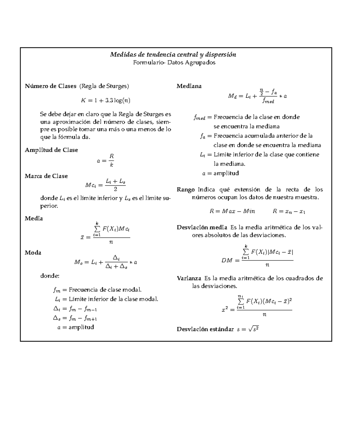 Formulario Estadistica - Formulario- Datos Agrupados Medidas de tendencia central y dispersión ...