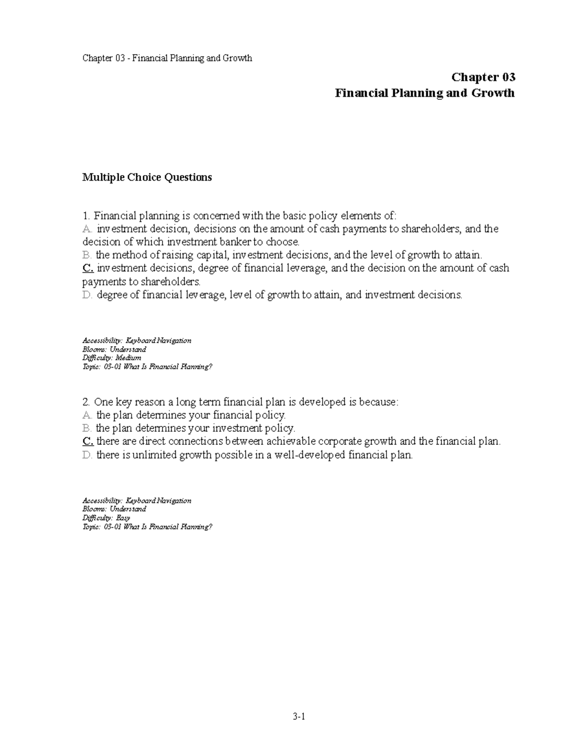 Test Bank Chapter 3 - Chapter 03 Financial Planning and Growth Multiple ...