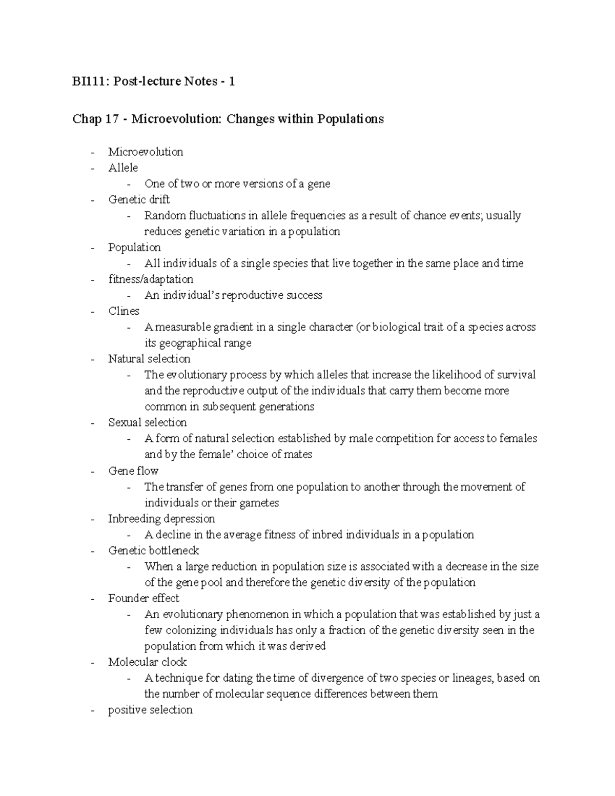 BI111 Notes - 1 - BI111: Post-lecture Notes - 1 Chap 17 ...