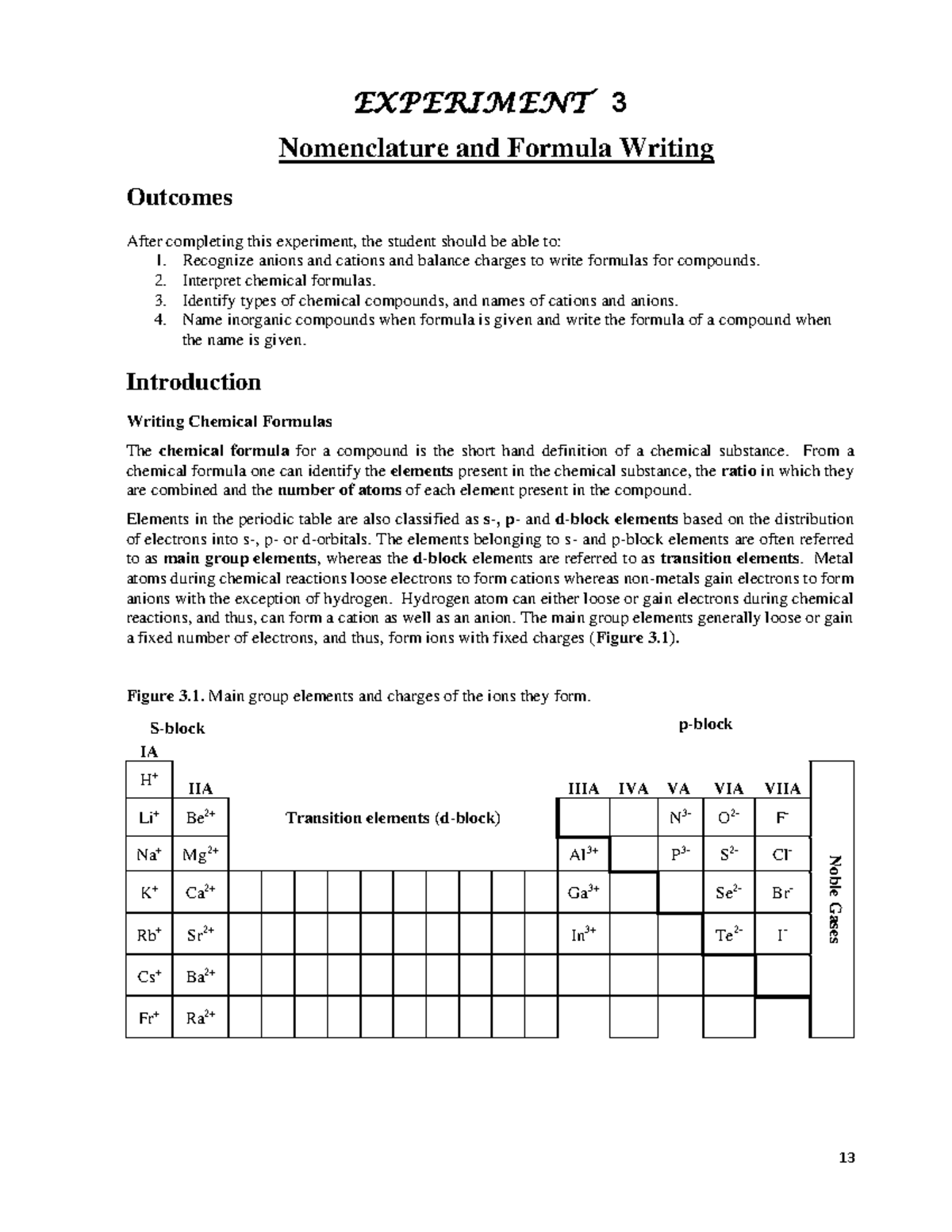 CHEM 103 Exp 03 Nomenclature Formula Writing - EXPERIMENT 3 ...