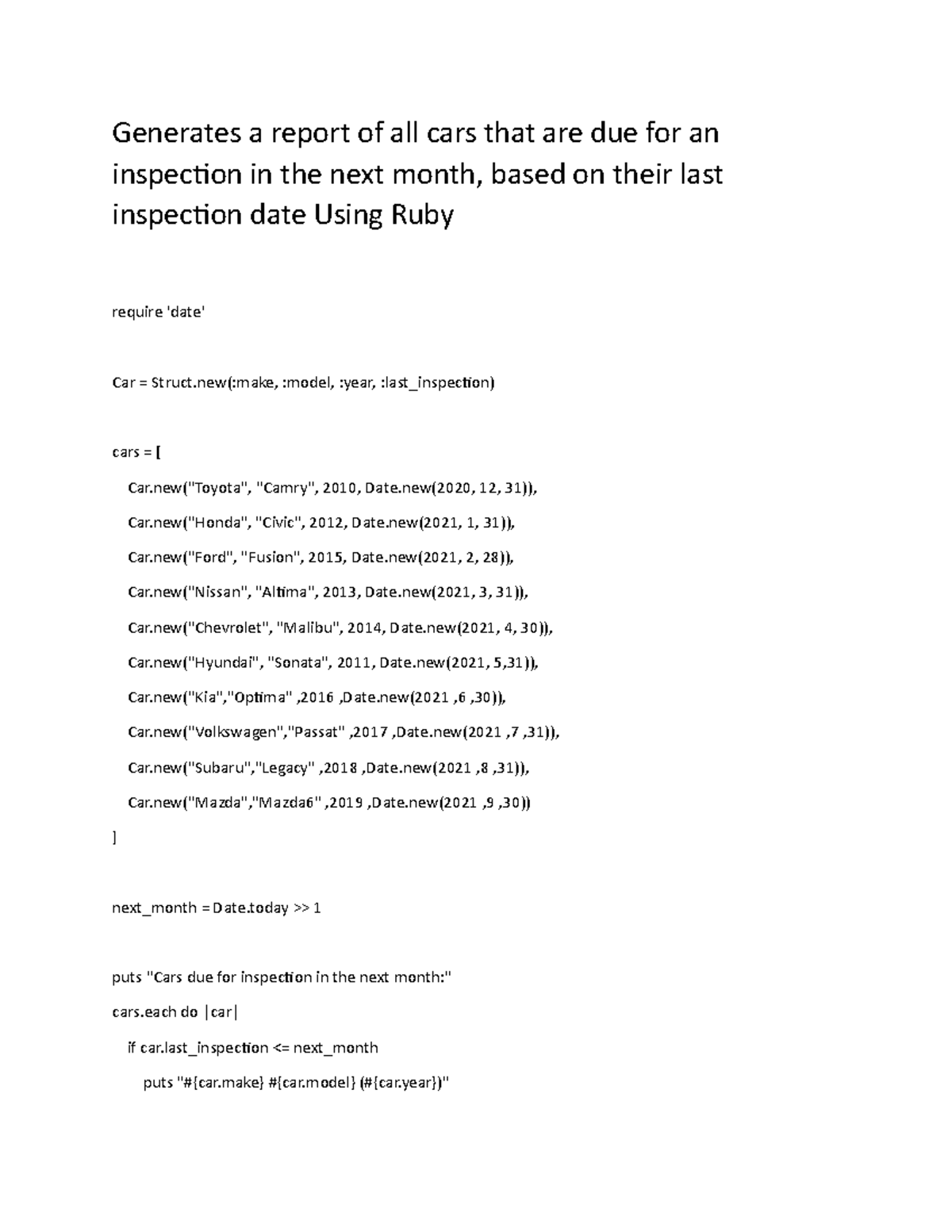 Comp6076-assign 10-Ruby - Generates a report of all cars that are due ...