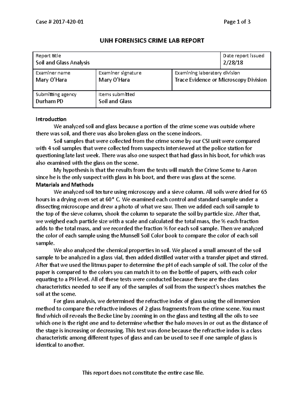 Soil and Glass Lab Report - Case # 2017-420-01 Page 1 of 2 UNH ...
