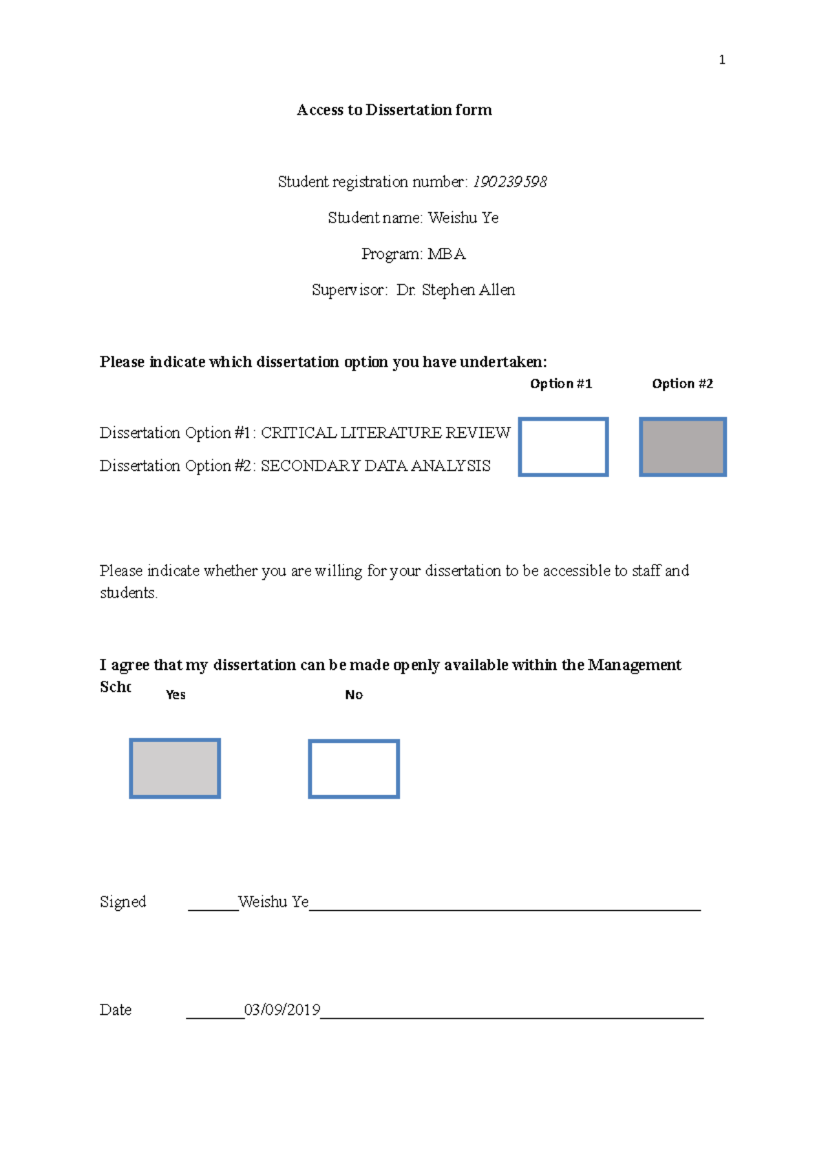 Selina Final thesis - Access to Dissertation form Student registration ...