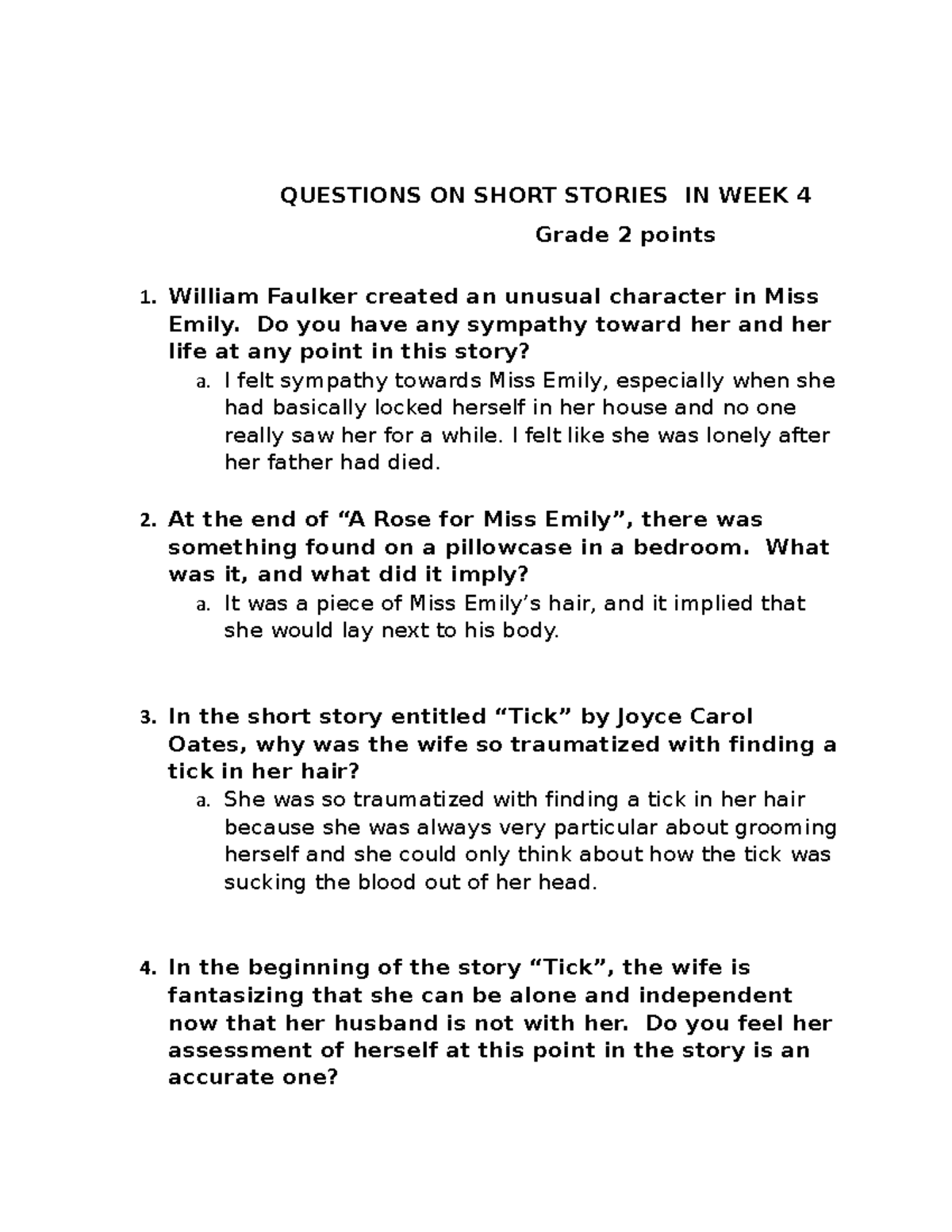 Questions on the three short stories in Week 4 - ENL 102 - UMass ...