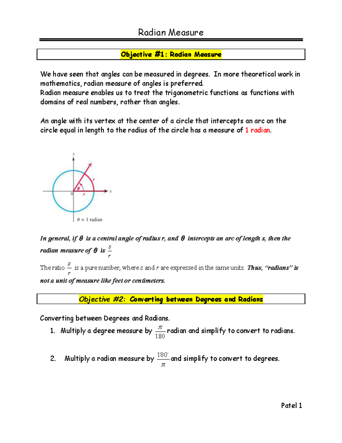Math 2412 radian measure - Radian Measure Patel 1 Objective #1: Radian ...