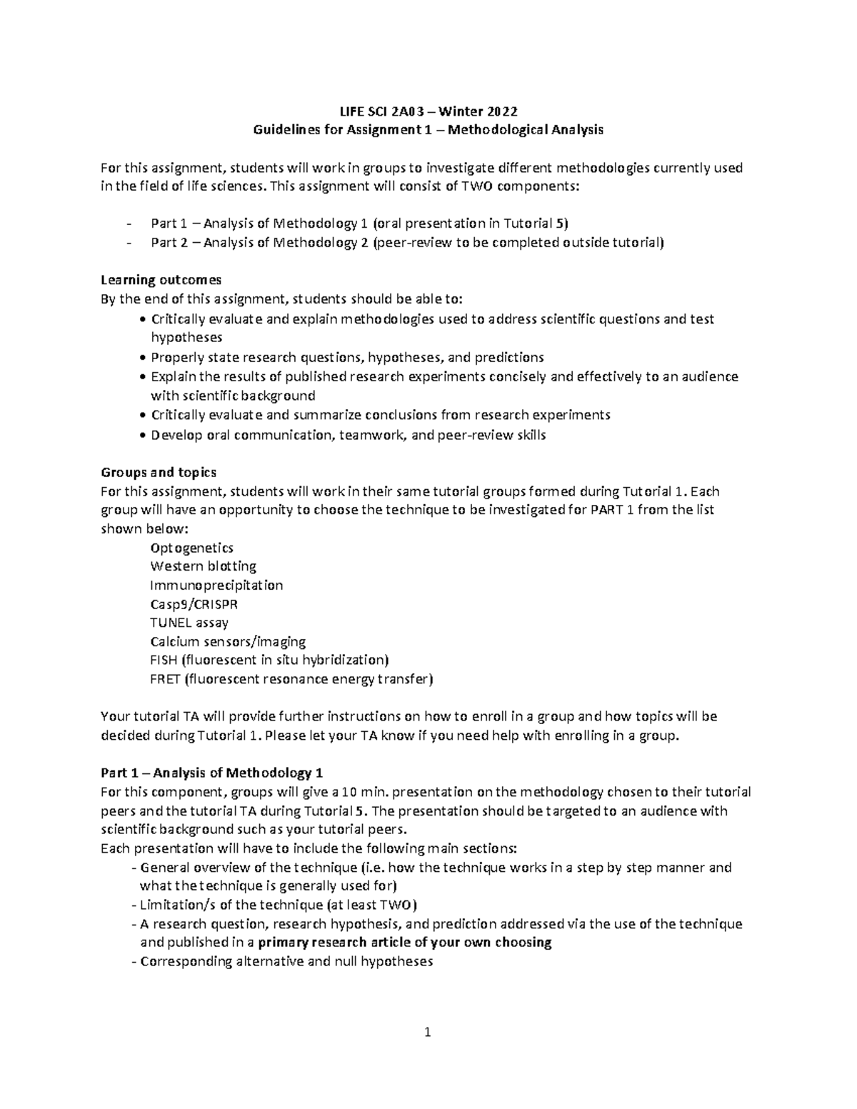 LS2A03 W2022 Assignment 1 Guidelines - LIFE SCI 2A03 – Winter 2022 ...