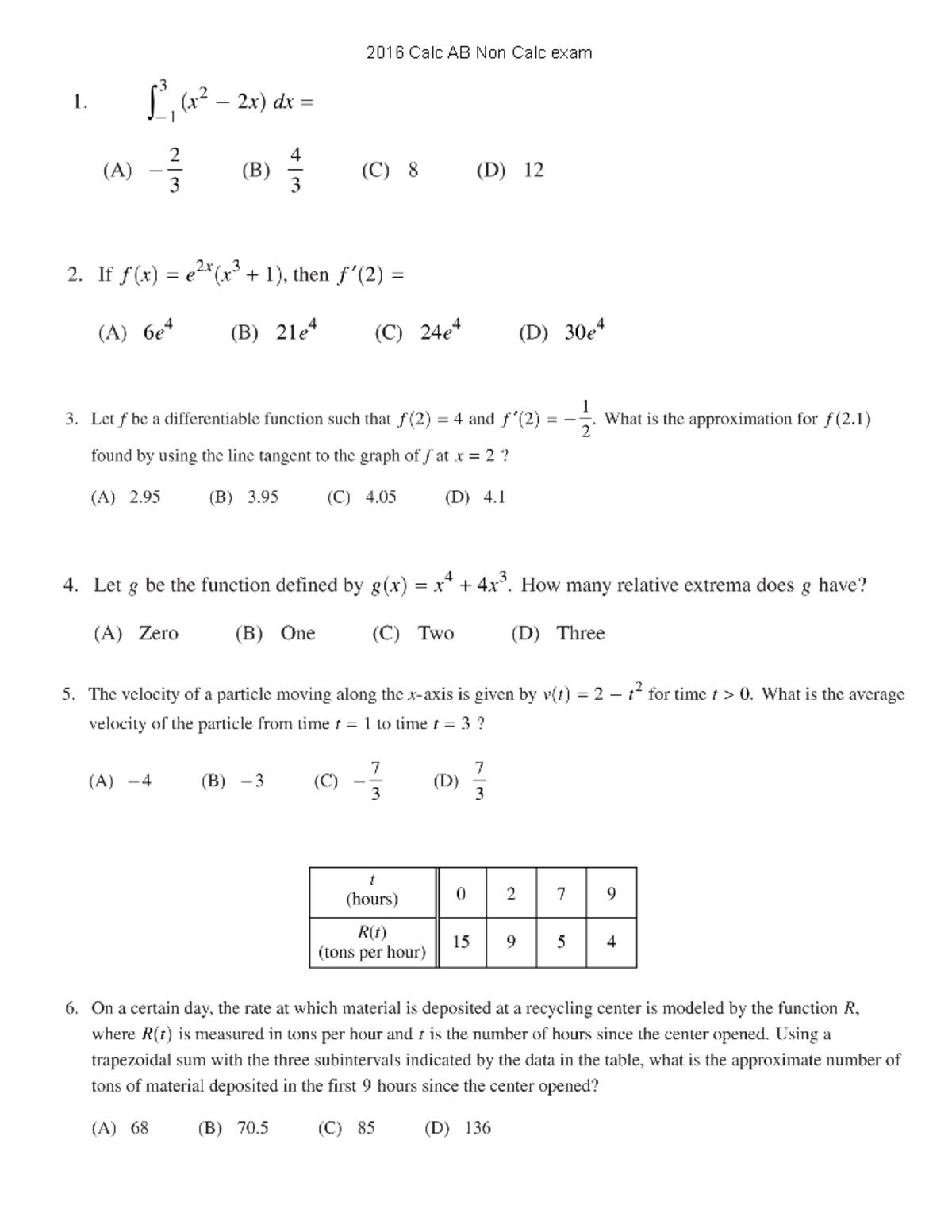 2016 Calc AB Non Calc exam - 2016 Calc AB Non Calc exam - Studocu