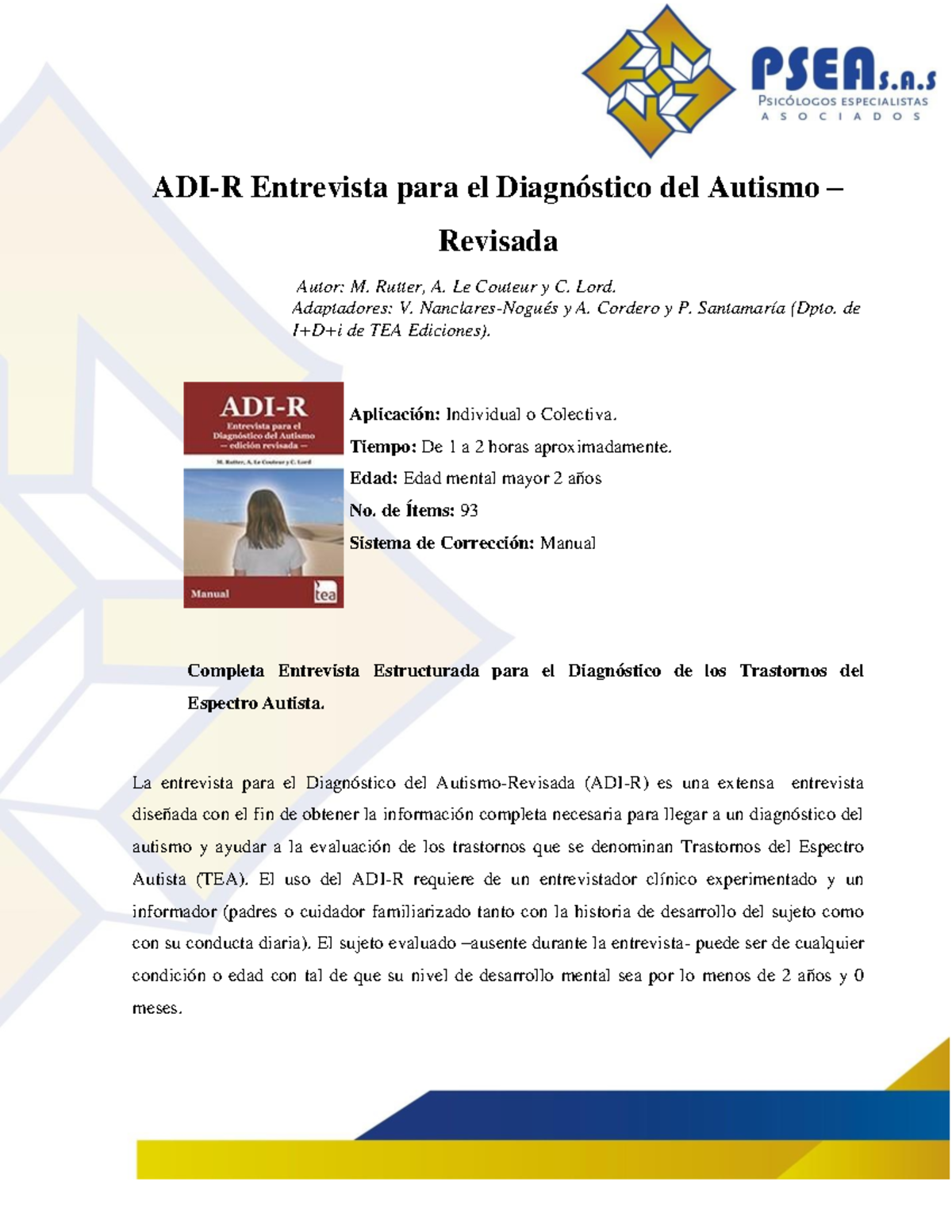 ADI-R - Protocolo pruebA adi-r - ADI-R Entrevista para el Diagnóstico ...