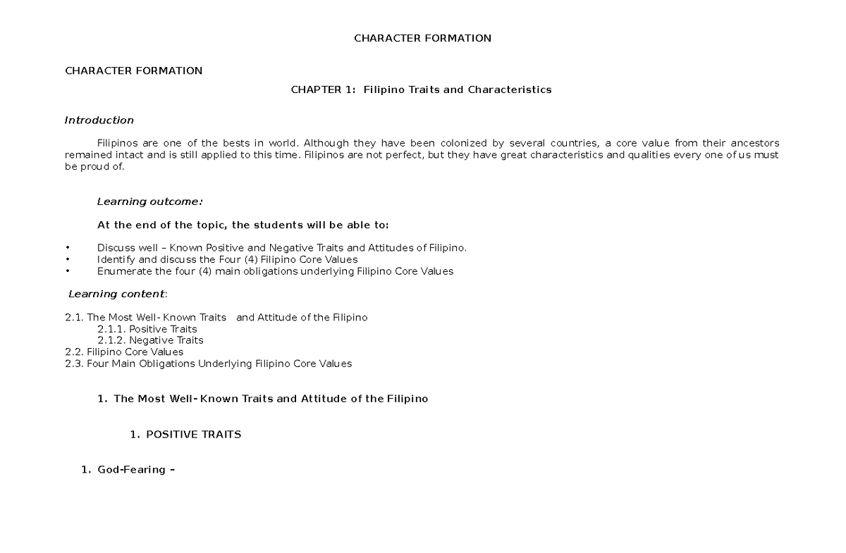 Character Formation - aaaaa - CHARACTER FORMATION CHAPTER 1: Filipino ...