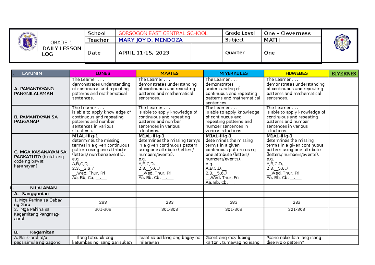 MATH Third Quarter WEEK 4 - GRADE 1 DAILY LESSON LOG School SORSOGON ...