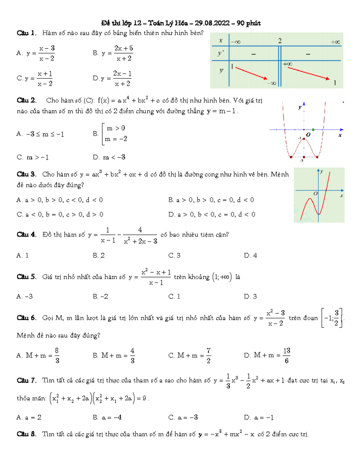Đề thi lớp 12 - 29 - De toan 12 - ß thi lßp 1 2 – To·n L ̋ HÛa – 29. 08. 2022 – 90 ph ̇t C‚u 1 ...