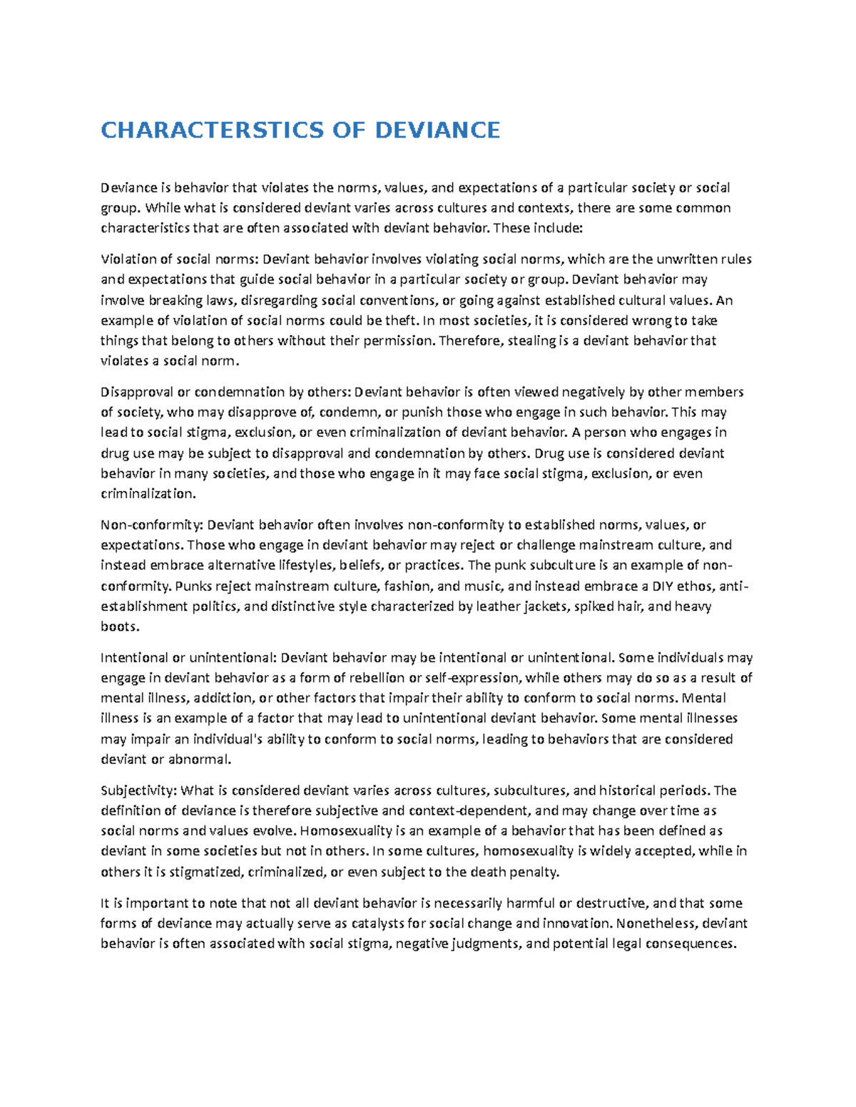 Deviantmids - CHARACTERSTICS OF DEVIANCE Deviance is behavior that ...