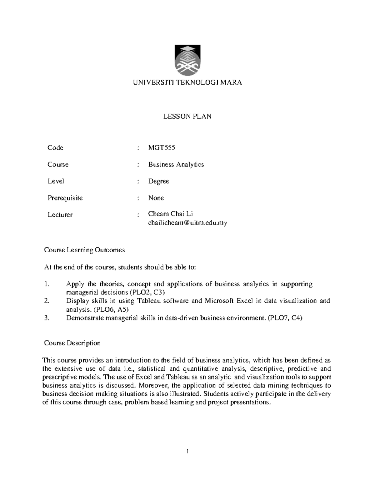 Lesson plan MGT555 students - UNIVERSITI TEKNOLOGI MARA LESSON PLAN ...