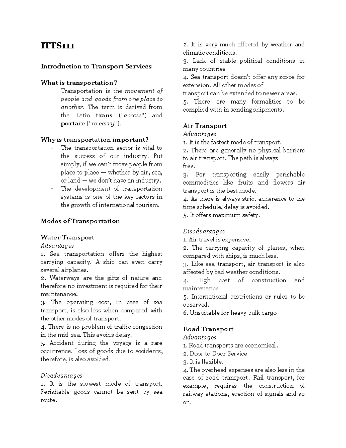 Prelims - Reviewer - ALL COURSES BSITM 1st year - ITTS Introduction to Transport Services What ...