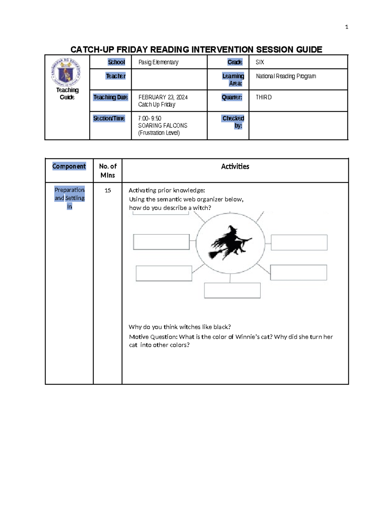 Teaching Guide IN Reading Frustration Level March 8 - 1 CATCH-UP FRIDAY ...