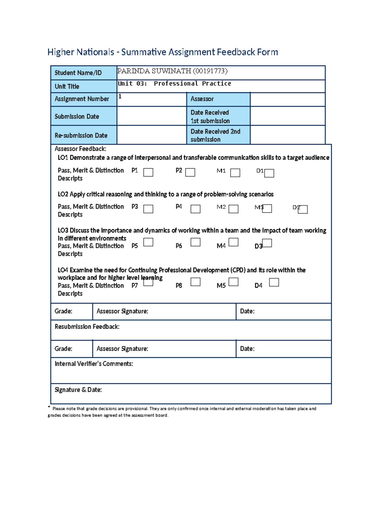 Guideline asspp - ddd - Higher Nationals - Summative Assignment Feedback Form Student Name/ID ...