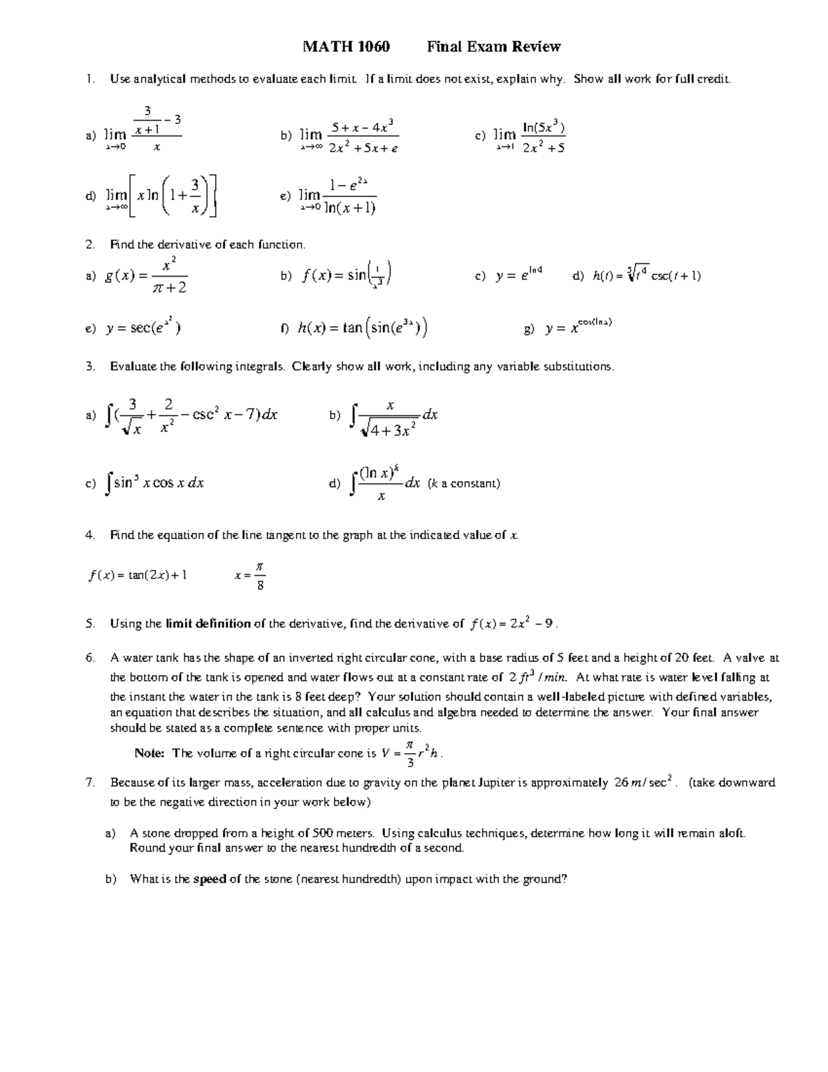 Final exam review - MATH 1060 Final Exam Review 1. Use analytical ...
