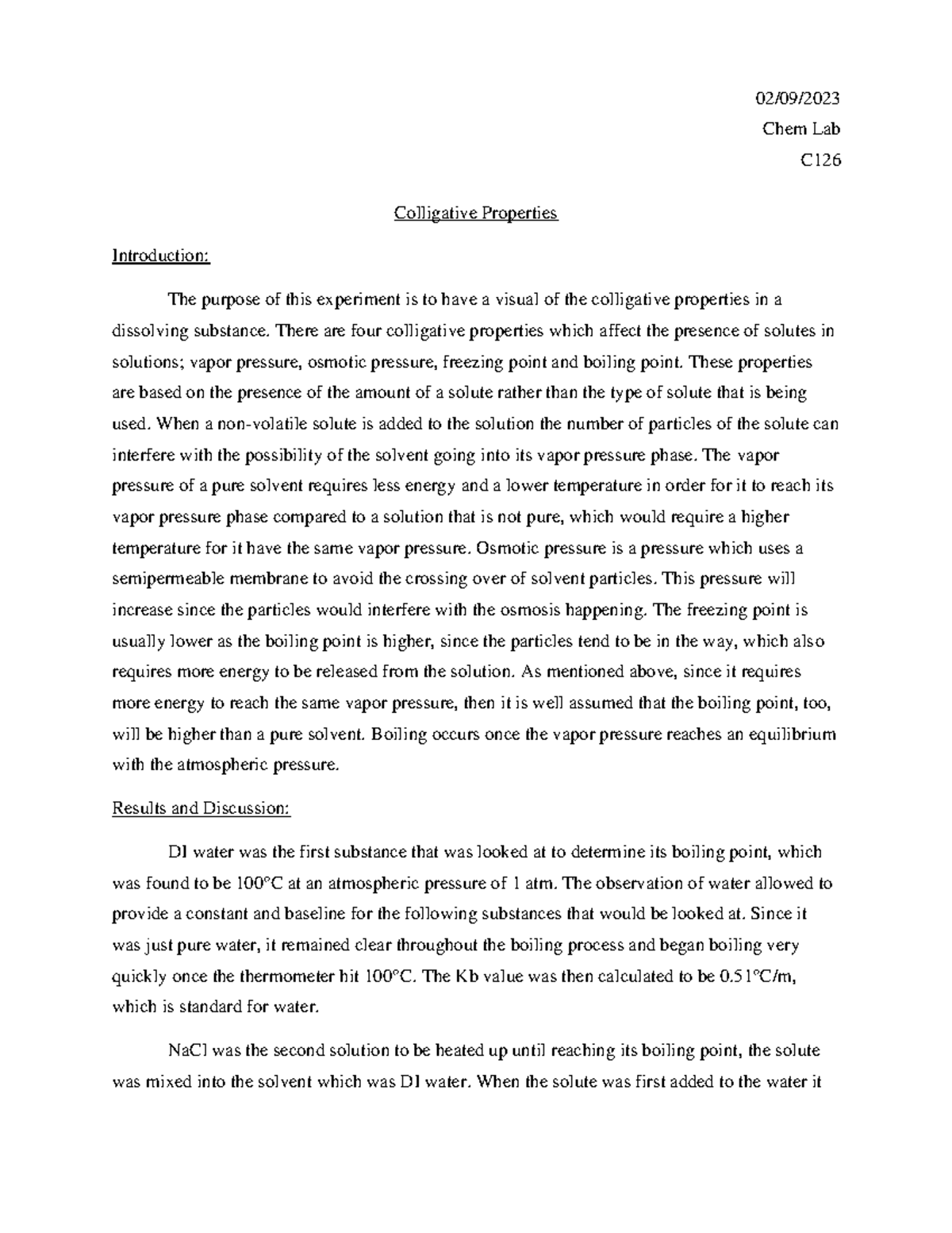 Exp3 COLLIGATIVE PROPERTIES - Chem Lab C Colligative Properties ...