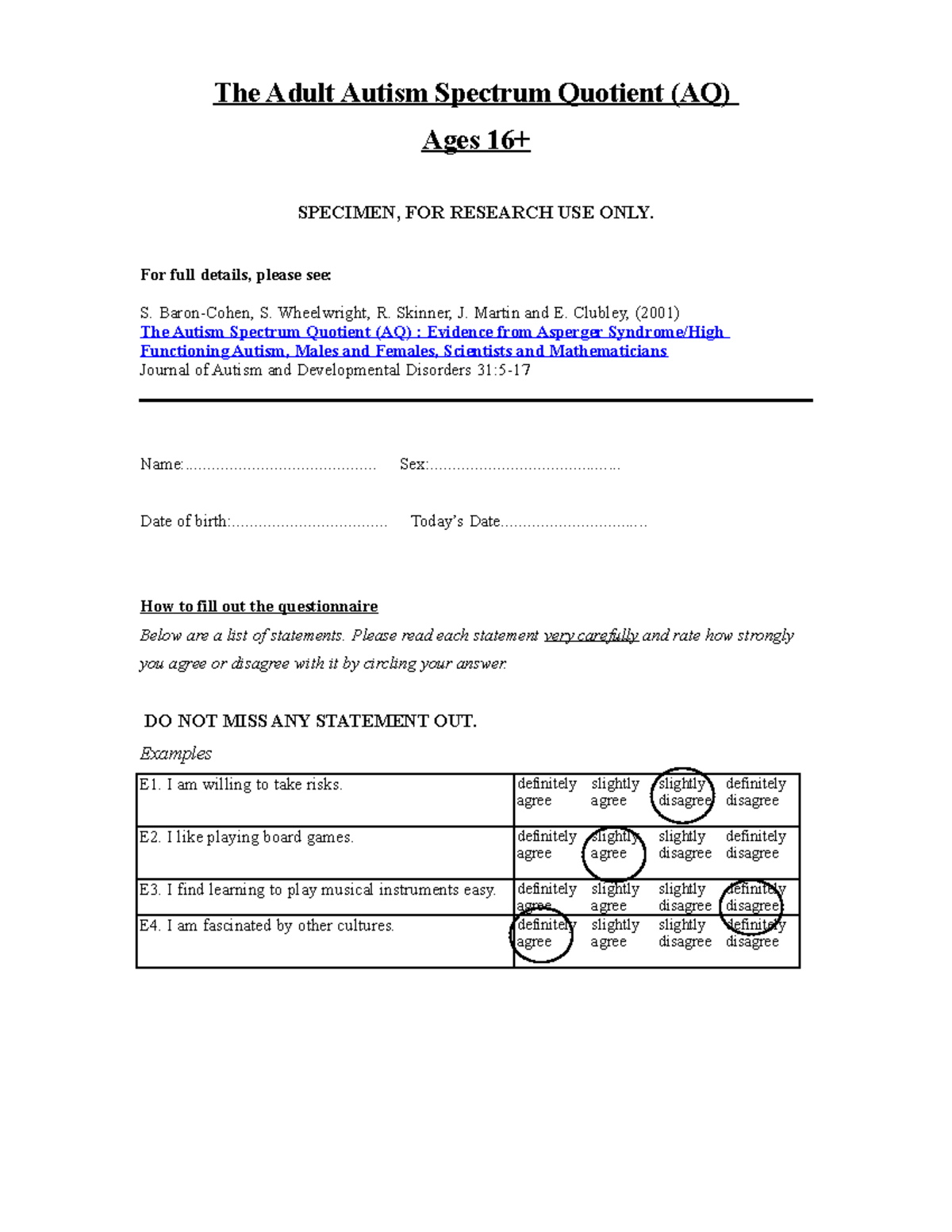 AQ - Psychiatry notes - The Adult Autism Spectrum Quotient (AQ) Ages 16 ...