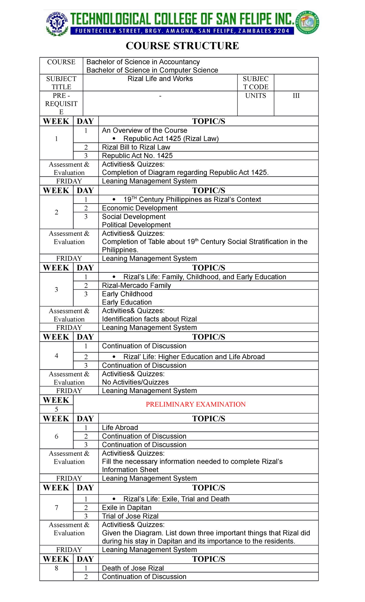 Course Structure 3week Rizal Life and Works - COURSE STRUCTURE COURSE ...