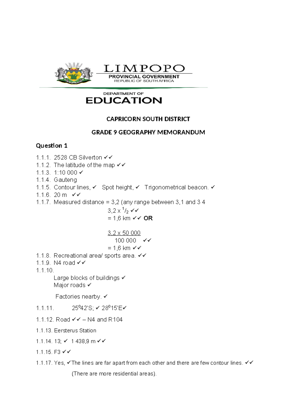 Grade 9 Geography MEMO March 2024 - CAPRICORN SOUTH DISTRICT GRADE 9 ...