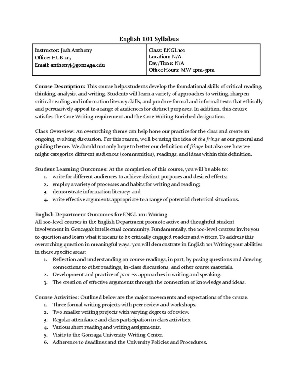 Updated Syllabus - English 101 Syllabus Instructor: Josh Anthony Office ...