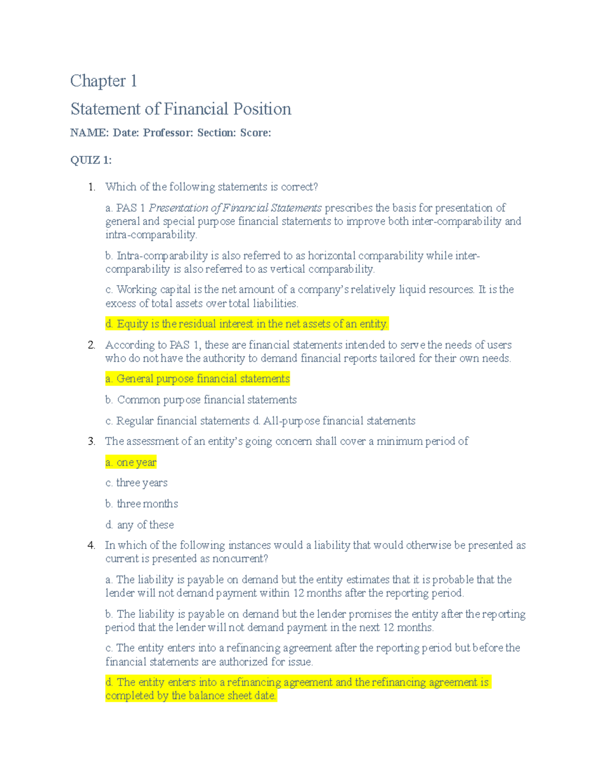 Chapter 1 ACT114 - Chapter 1 Statement of Financial Position NAME: Date ...