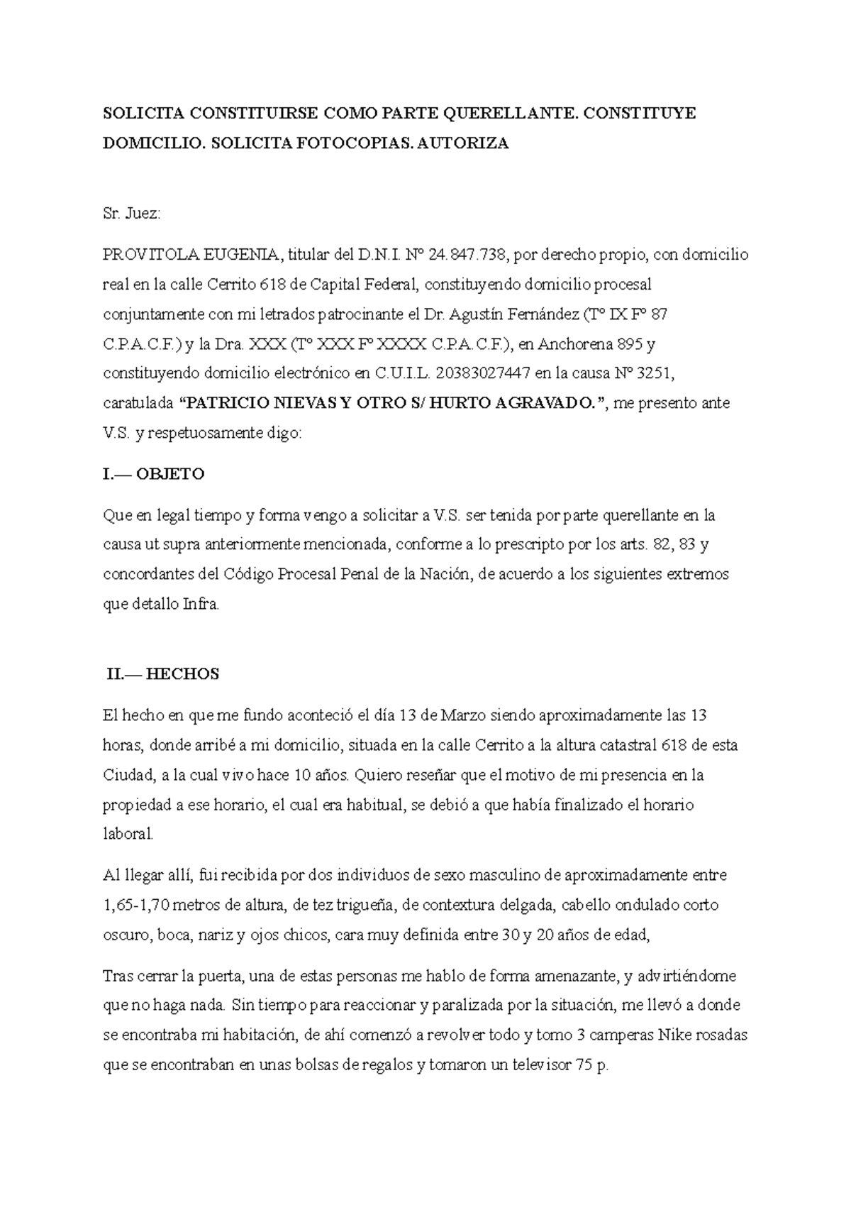 Practica 3 solicita ser parte querellante - SOLICITA CONSTITUIRSE COMO ...