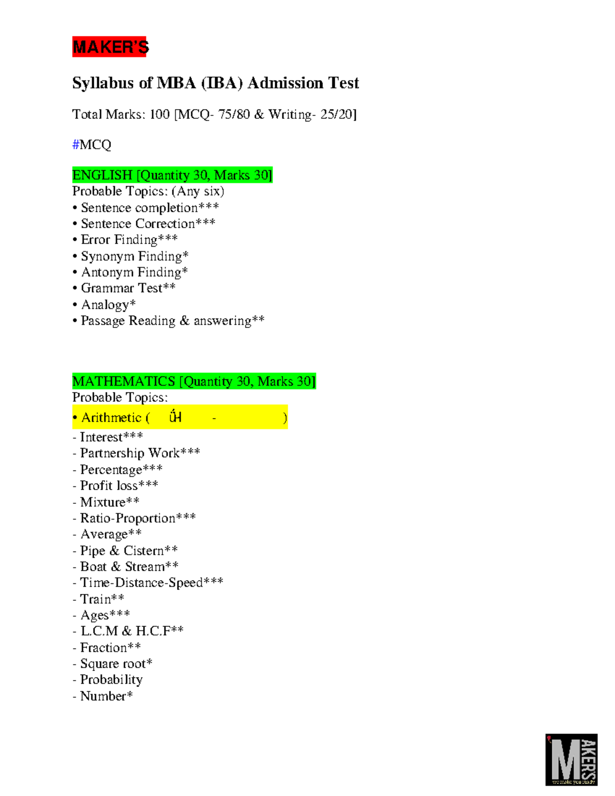 Syllabus of IBA MBA Admission Test - MAKER’S Syllabus of MBA (IBA ...