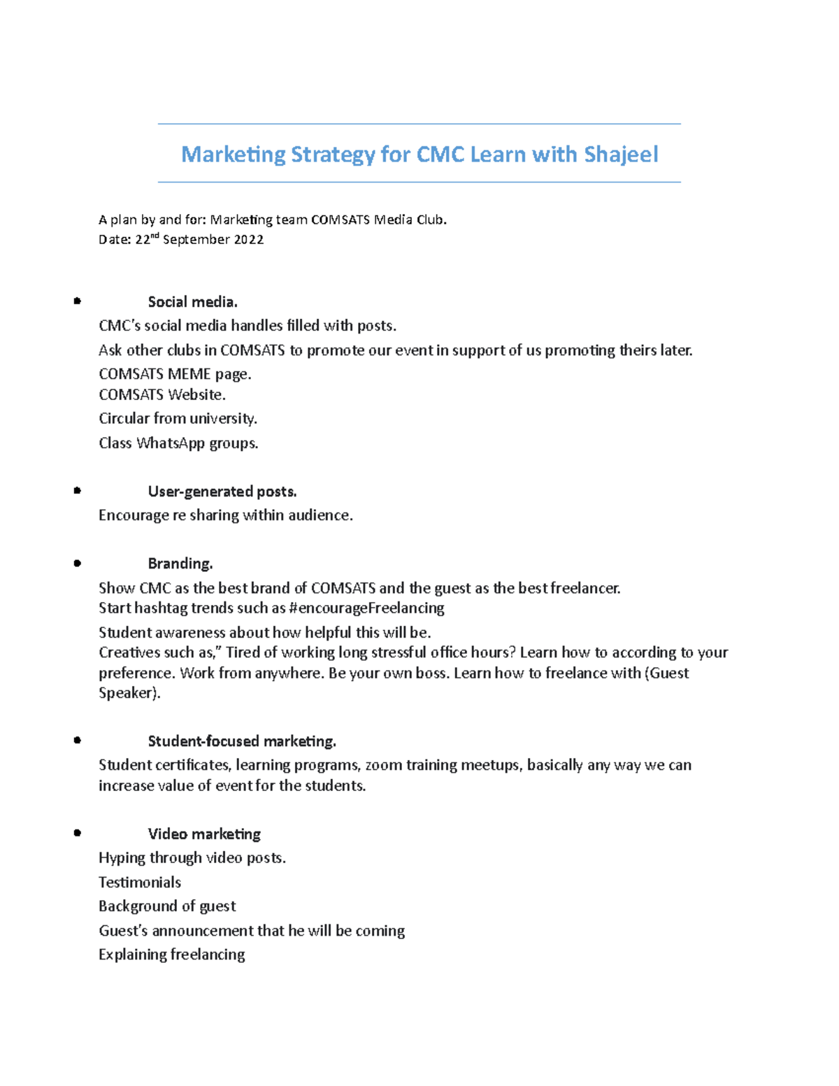 Marketing Strategy for CMC Learn with Shajeel - Date: 22nd September ...