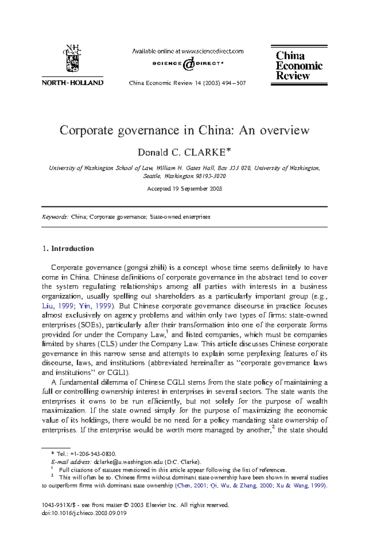 Corporate governance in China (Donald Clarke) - Corporate governance in China: An overview ...