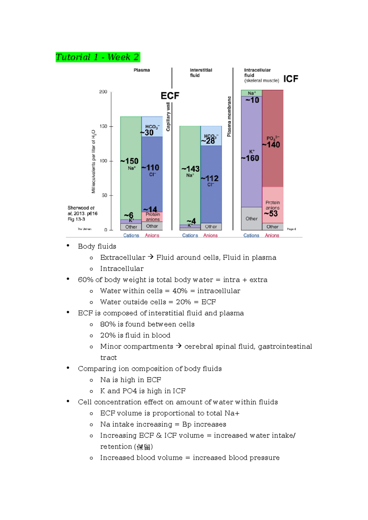 AVBS lecture notes - Tutorial 1 - Week 2 Body fluids o Extracellular ...