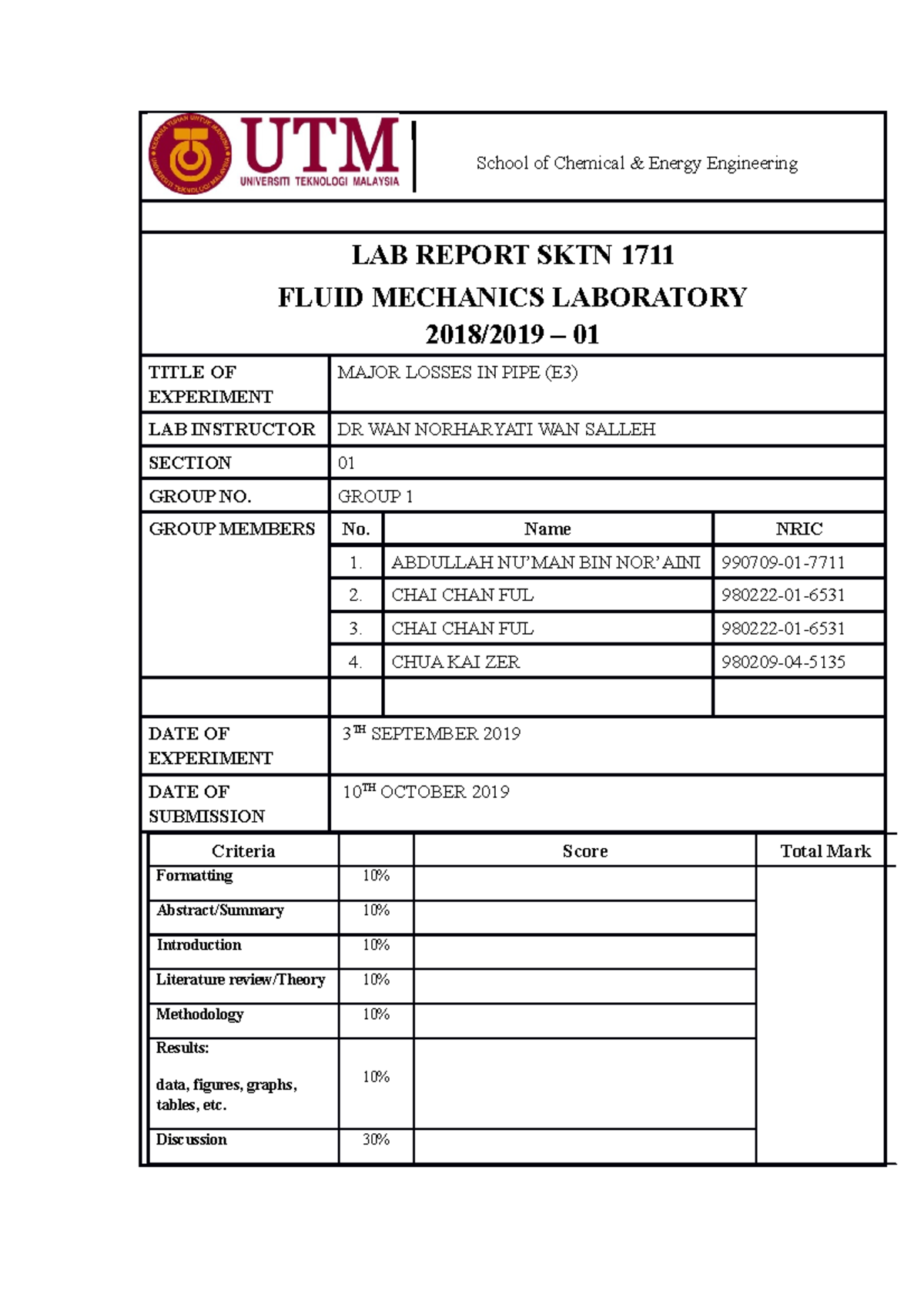 Fluid full report E3 - LAB REPORT SKTN 1711 FLUID MECHANICS LABORATORY ...